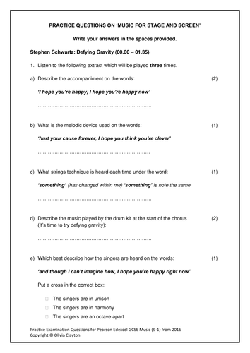 Edexcel GCSE Music (9-1) Listening Questions: Music for Stage and ...