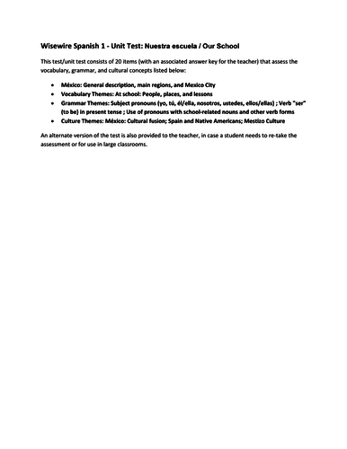 Spanish Lesson 3.9: Nuestra Escuela - Unit Test | Teaching Resources