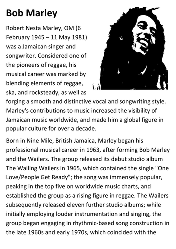 Bob Marley Activity Bundle | Teaching Resources