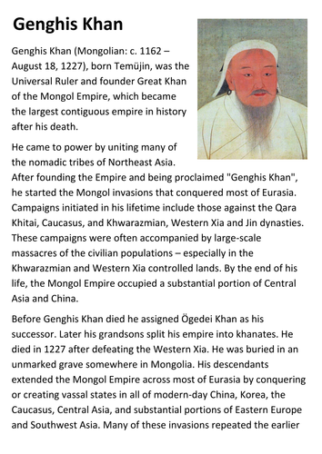 Genghis Khan Handout | Teaching Resources