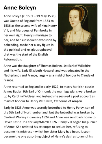 Anne Boleyn Handout | Teaching Resources