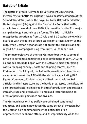 Battle of Britain Handout | Teaching Resources