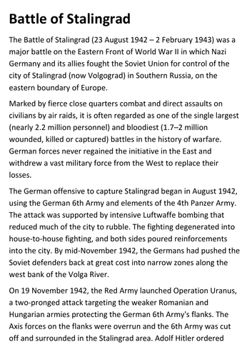 Battle of Stalingrad Handout | Teaching Resources