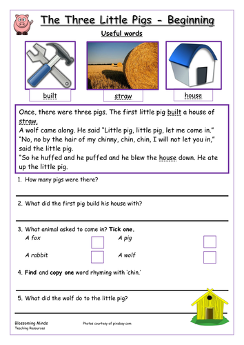 Year 1 comprehension - The Three Little Pigs - Traditional Tales ...