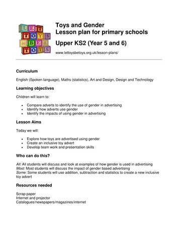 Toys And Gender Lesson Plan For Upper Ks2 Teaching Resources