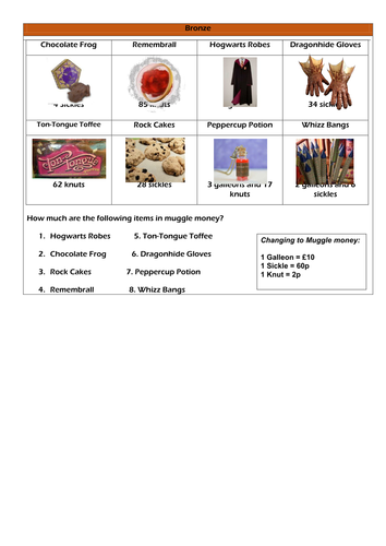 Harry Potter Themed Maths - Money, Multiplication, Division, Word ...