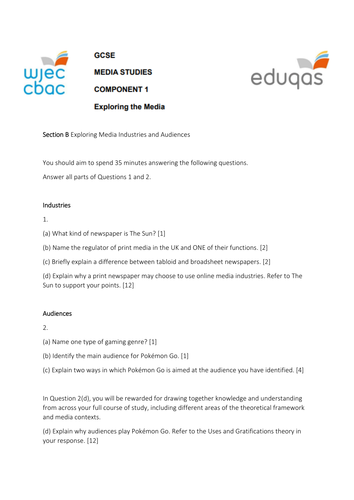 Eduqas GCSE Media Component 1 Section B | Teaching Resources