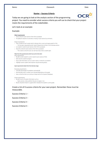 Ocr Gce A Level Computer Science Programming Project Analysis Section H446 Teaching Resources