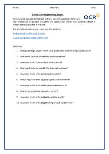 OCR GCE A Level Computer Science Programming Project Analysis Section ... OCR GCE A Level Computer Science Programming Project Analysis Section ...