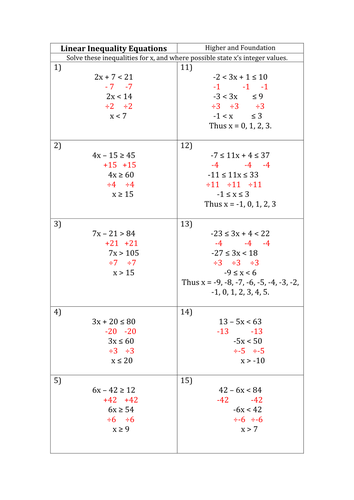 GCSE Maths - 20 Linear Inequality Equations - Worked Answers included ... GCSE Maths - 20 Linear Inequality Equations - Worked Answers included ...