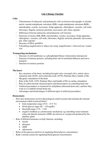 AQA Level 3 Applied Science Biology Unit 1 - Revision checklist ...