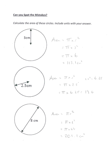 Spot the Mistakes Area of a Circle | Teaching Resources