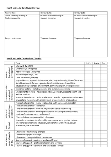 Student self assessment for AQA Health and Social Care Unit 1 ...