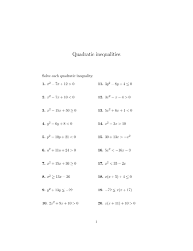 Quadratic inequalities worksheet (with detailed solutions) | Teaching ...