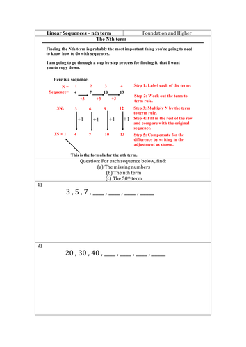 Gcse Maths 10 Questions Linear Sequences Nth Term Includes Worked Answers Teaching