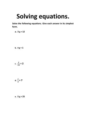 Equations to solve with Answer Key. Year 7 | Teaching Resources