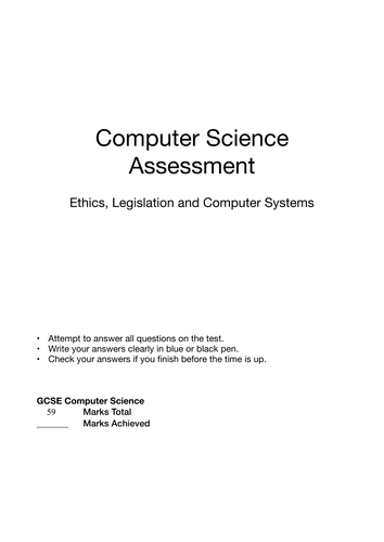 Ethics, Legislation and Computer Systems Assessment | Teaching Resources