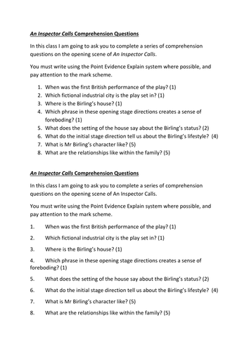 An Inspector Calls - Comprehension Questions For Opening Scene ...