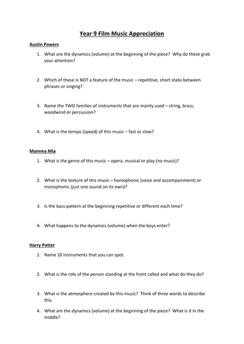 Film Music Quiz/Appreciation/Cover - Excellent for end of term Year 9s ...