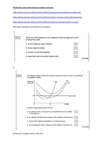 Production costs and revenues + profit revision | Teaching Resources