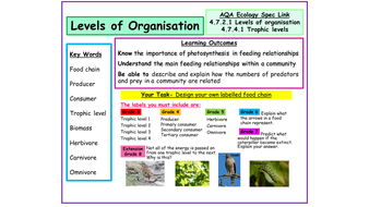 New AQA Ecology Spec- Food Chains, Levels of Organisation & Trophic ...