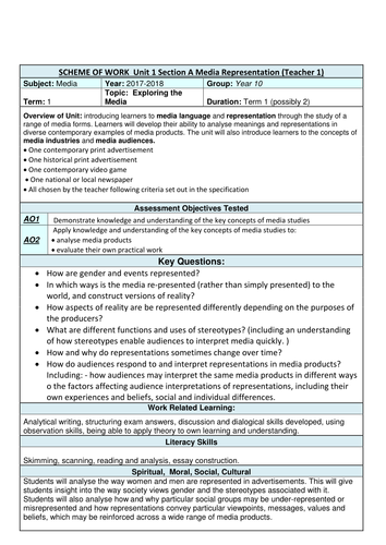 WJEC Media 2017 GCSE Scheme of Work Term 1. | Teaching Resources