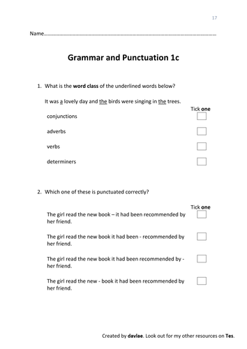 Grammar and Punctuation Mini-Tests 2 | Teaching Resources