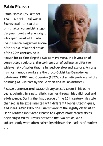 Pablo Picasso Handout | Teaching Resources