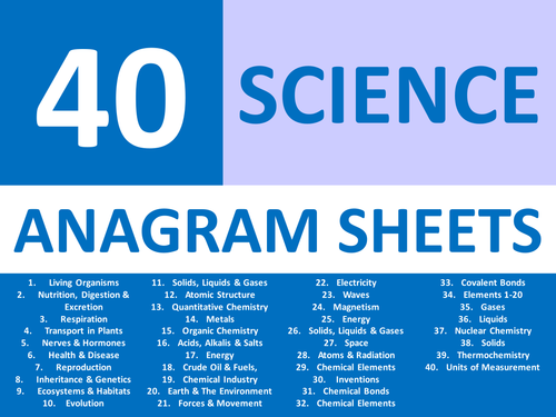 40 x Starter Anagram Sheets Science Chemistry Physics Biology Anagrams ...