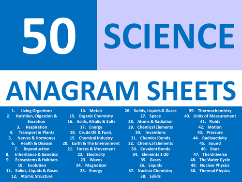50 x Starter Anagram Sheets Science Chemistry Physics Biology Anagrams ...