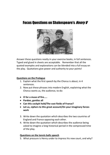 Henry V focus questions on Act 1, including key speeches | Teaching ...