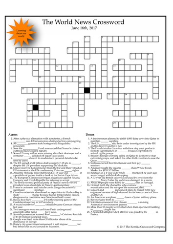 The World News Crossword (June 18th, 2017) | Teaching Resources