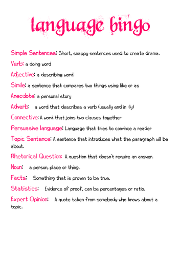 Language Feature Bingo | Teaching Resources