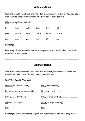 Abbreviations Worksheet for Y5 | Teaching Resources