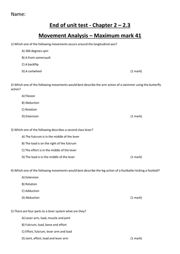 AQA GCSE PE - New Course 2016 - Movement analysis end of unit test ...