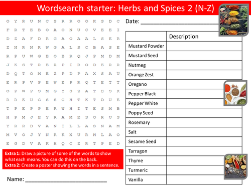 Food Technology Herbs and Spices 2 Keywords KS3 GCSE Starter Activities ...