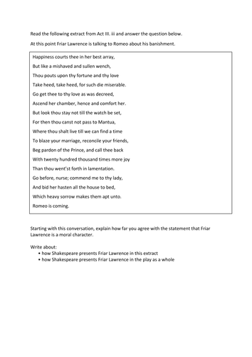 Romeo and Juliet Mock Extract Based Section A Paper 1 AQA GCSE ...