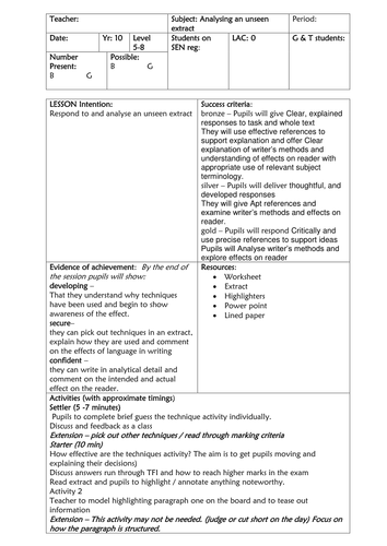 39 Steps GCSE English Exam Analysing an unseen extract | Teaching Resources