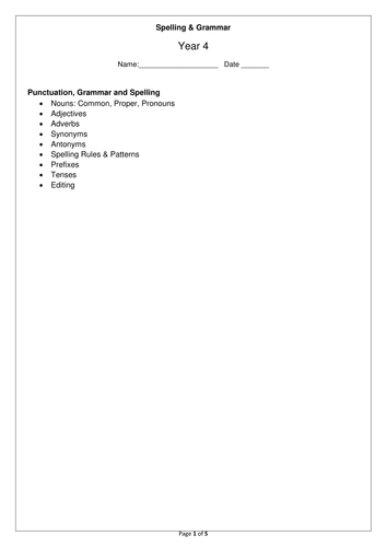 Year 4 English - Spelling and Grammar Topic Overview Tasks | Teaching ...
