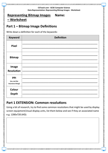 GCSE Computer Science - Data Representation: Representing Bitmap Images - Worksheet | Teaching ...