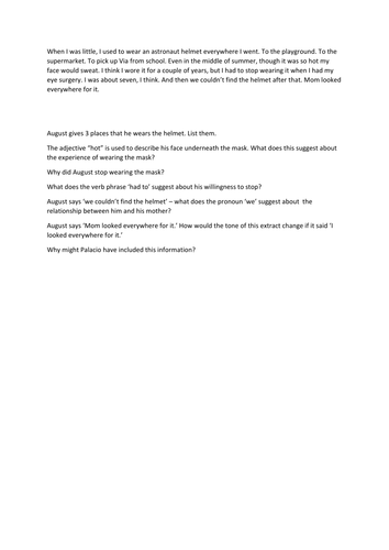 Wonder by RJ Palacio - Key Questions and Extracts | Teaching Resources