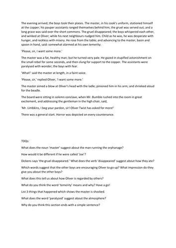 Oliver Twist by Charles Dickens - Key Extracts and Questions | Teaching ...