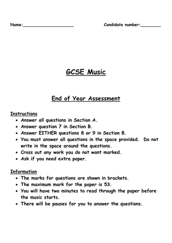 AQA GCSE Music New Specification End of Year Exam | Teaching Resources