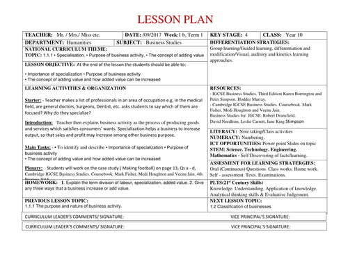 Lesson Plan IGCSE Business Studies Year 10 Week 1 b Term 1 (1.1.1 ...