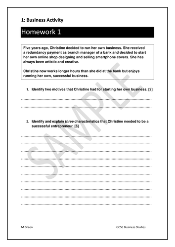 Homework activities for GCSE Business (9-1): OCR 01 business activity ...