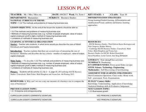Lesson Plan IGCSE Business Studies Year 10 Week 3 b Term 1 (1.3.2 ...