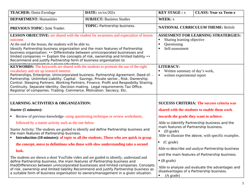 Partnership Business Lesson Plan 'MS word doc.' IGCSE Business Studies ... Partnership Business Lesson Plan 'MS word doc.' IGCSE Business Studies ...