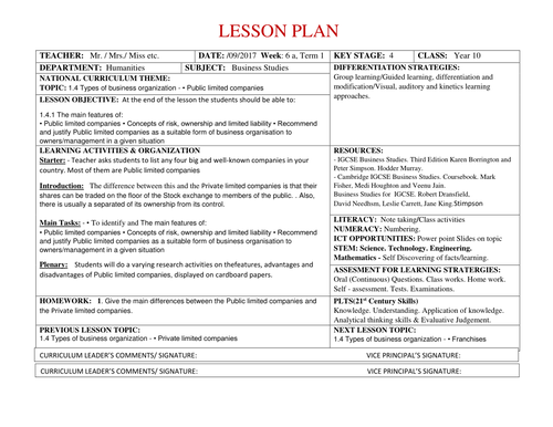 Lesson Plan IGCSE Business Studies Year 10 Week 6 a Term1, (1.4.1 ...
