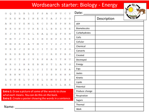 Science Biology Energy Wordsearch Crossword Anagrams Keyword Starters ...