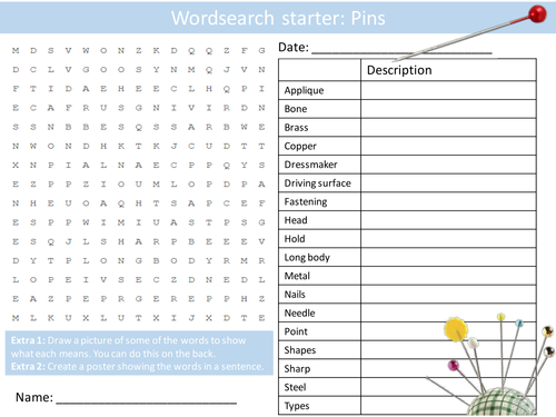 Design Technology Textiles Tools Pins Wordsearch Crossword Alphabet ...